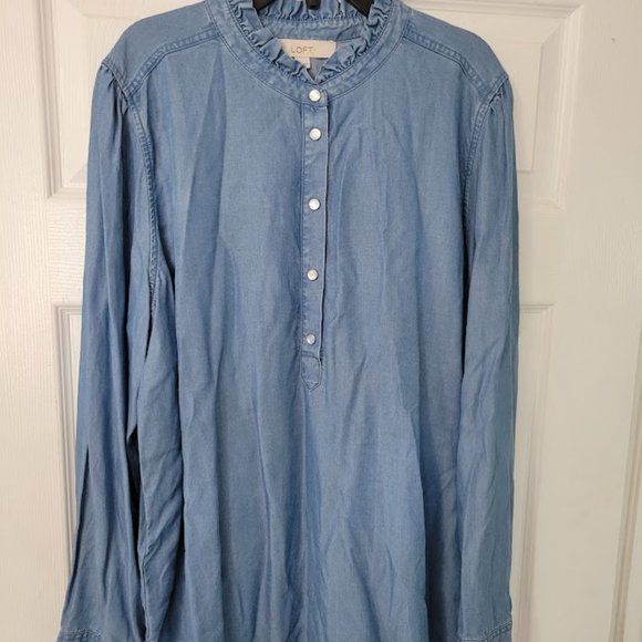 LOFT | Tops | Loft Denimchambraylook Ls Tunic With Ruffle Collar And ...